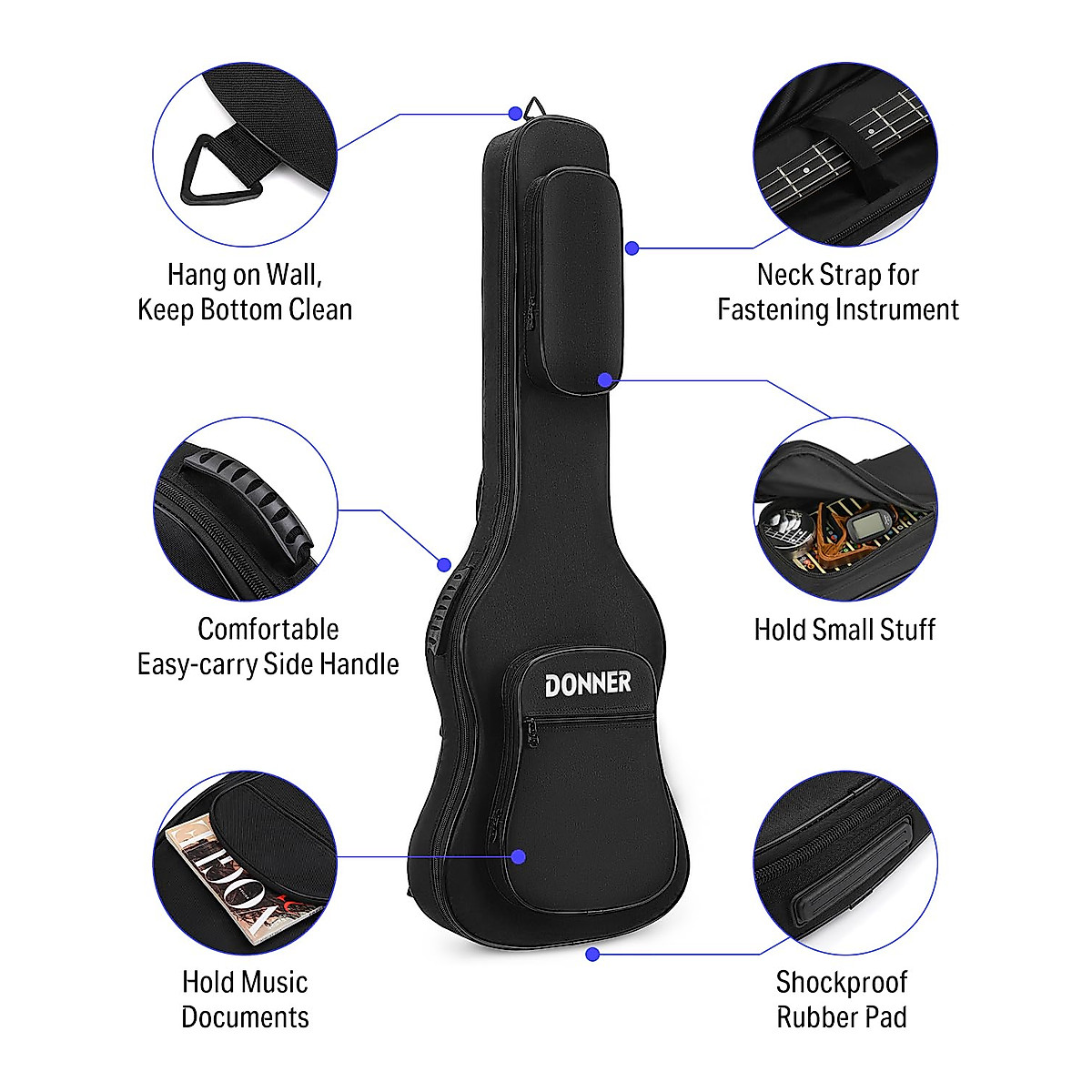 Donner 47 Inch Bass Guitar Case, 0.4 Inch Thick Padding Sponge 600D Ripstop Waterproof Nylon Soft Electric Bass Guitar Gig Bag with 3 Pockets and Back Hanger Loop, Black