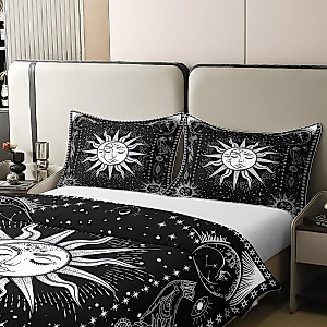 Erosebridal 100% Cotton Sun and Moon Duvet Cover,Psychedelic Mystic Galaxy Bedding Set Queen,Starry Sky Comforter Cover,Bohemian Constellation Stars Bed Sets with 1 Pillow Sham,White Black