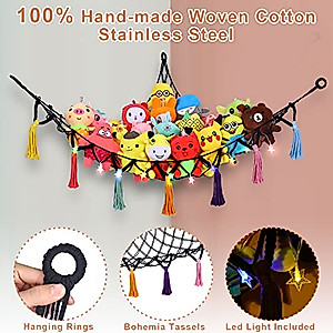 KanYool Stuffed Animal Net or Hammock, Boho Net Hammock for Stuffed Animals with Led Lights Wall Corner Storage Hanging Plush Toy Net with Tassels Teddy Bear Net Black