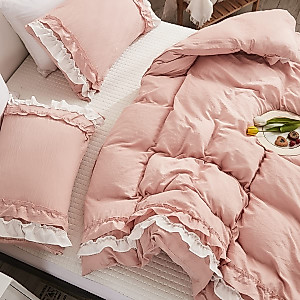 Shabby Chic 3 Pieces Bedding,Vintage Ruffled Queen Duvet Cover Set with 2 Layers Ruffles,Soft Brushed Microfiber Set with Zipper Closure,Lightweight Duvet Cover Set