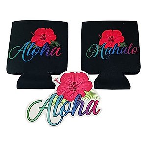 Aloha Hawaii Hibiscus & Mahalo Beer Can Coolers Sleeves (2-Pack) & 1 Aloha Decal - Soft Insulated Beer Can Cooler Sleeves - 5mm Neoprene Collapsible Black Can Sleeves for Soda, Beer & Water Bottles