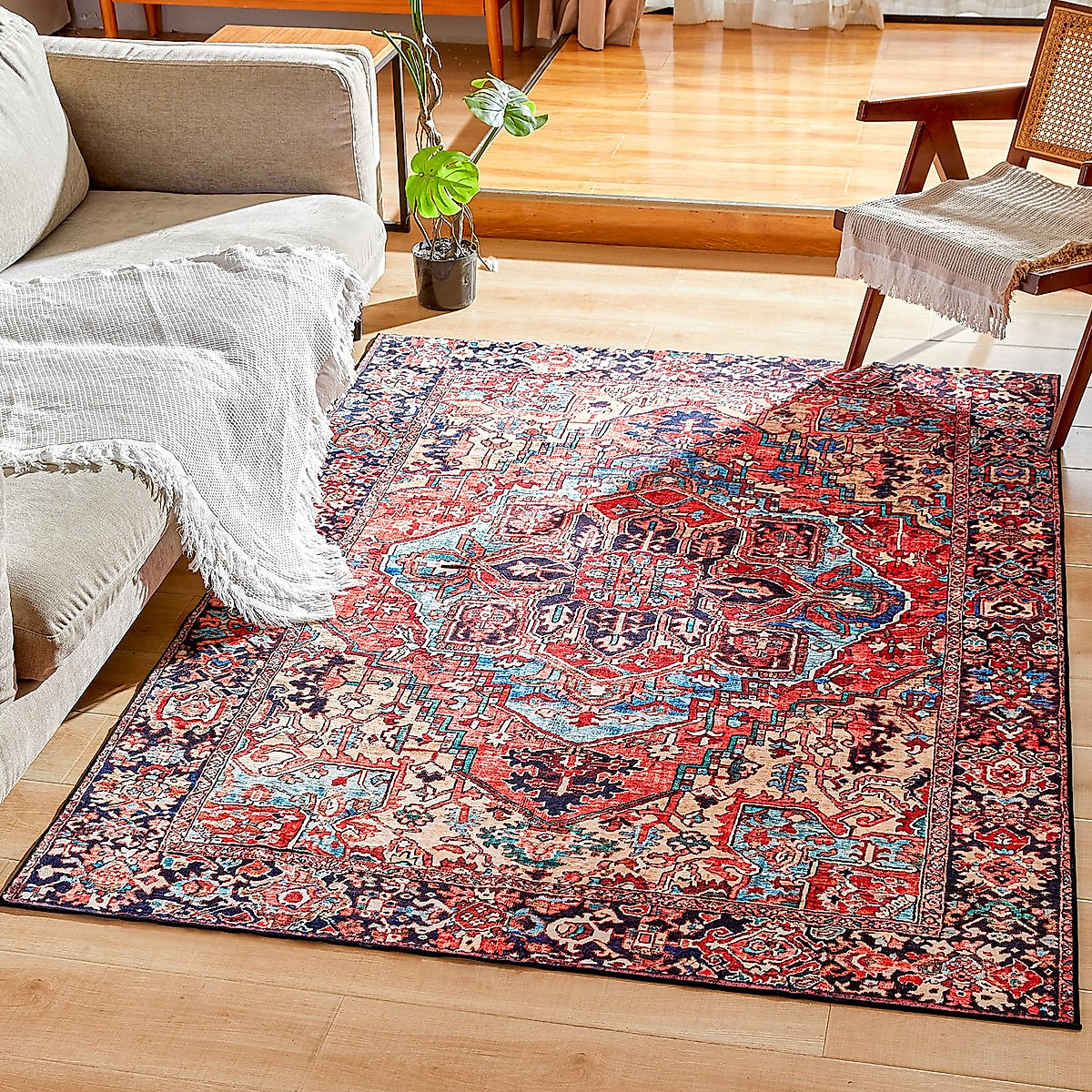 Hecceon Large Area Rugs, Vintage Boho Rugs Soft Fluffy Low Pile Floor Carpet, Foldable Non Slip Machine Washable Rug, Brick Red, 8'x10'