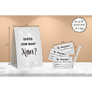 Silver Polka Dot Confetti Design Guess How Many Kisses Bridal Shower Game,Bridal Shower Decorations,Popular Bridal Shower Games,Engagement Party Game,Set Including 1 Sign And 50 Guessing Cards-08
