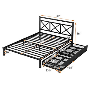 Queen Size Platform Bed Frame, Metal Bed Frame with 2 Storage Drawers Queen Bed Frame with Headboard More Sturdy, Noise-Free, No Box Spring Needed, Easy Assembly, Black