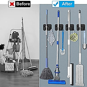 Broom Holder Wall Mount, Screw Drilling & No Drill Sturdy Heavy Duty Stainless Steel Wall Mounted, Broom Organizer Wall Mount with Hooks Hanger, Wall Holder for Bathroom, Garage, Kitchen, Garden