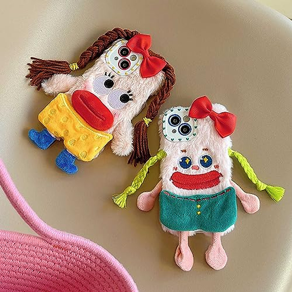 Tewwsdi Compatible for iPhone 14 Phone Case Cute,Kawaii 3D Doll DIY Hair Braids Camera Protector Plush Case,Winter Warm Furry Funny Case for iPhone 14 Women Girls(Green Braids)