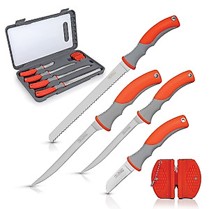Wild Fish 7-Piece Fillet Set - Knives for Fishing: Fillet, Bait & Frozen Fish Knife with Sharpener, Cutting Board and Carry Case.