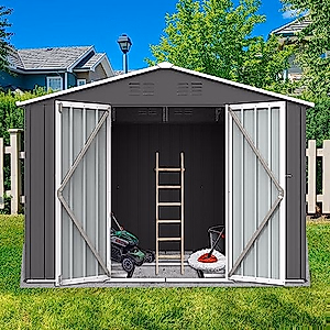 Zevemomo 8 x 6 ft Outdoor Storage Shed, All Weather Tool Shed with Metal Foundation & 2 Lockable Doors, Metal Shed Outdoor Storage for Garden, Patio, Backyard, Lawn, Grey
