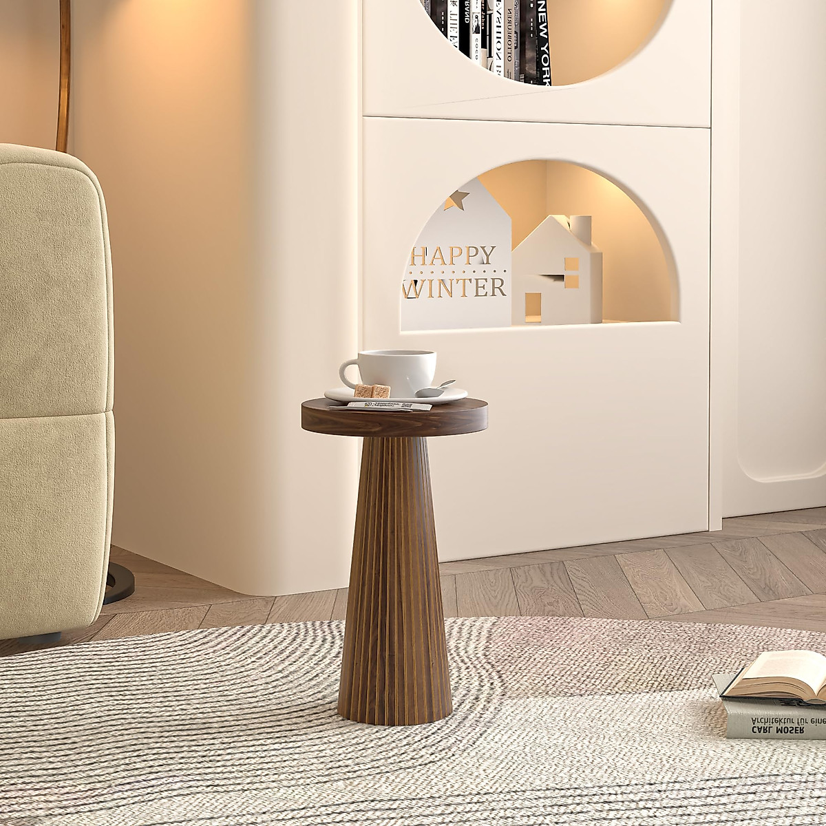 Mini Round Fluted Accent Pedestal Side Table, End Table, Drink Table Small Accent Table for Living Room, Mid Century Modern Night Stand, Circle Bedside Table, Wood Nightstands for Bedroom