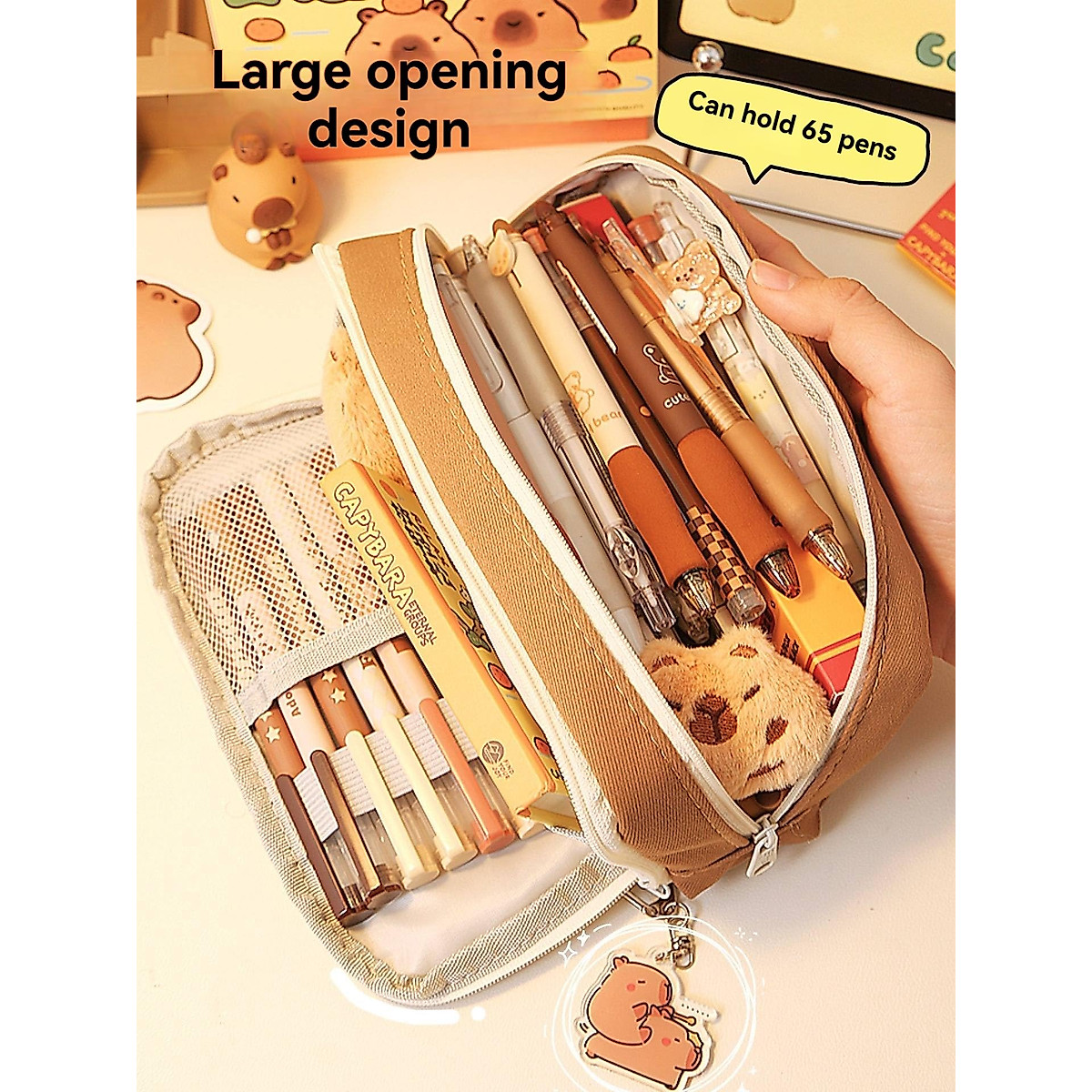 forzma Open Wide 4 Compartment Pencil Case Pen Pouch Canvas Capybara with Pen Slots Grids Bonus Pin Brown/Black (Milk Coffee)