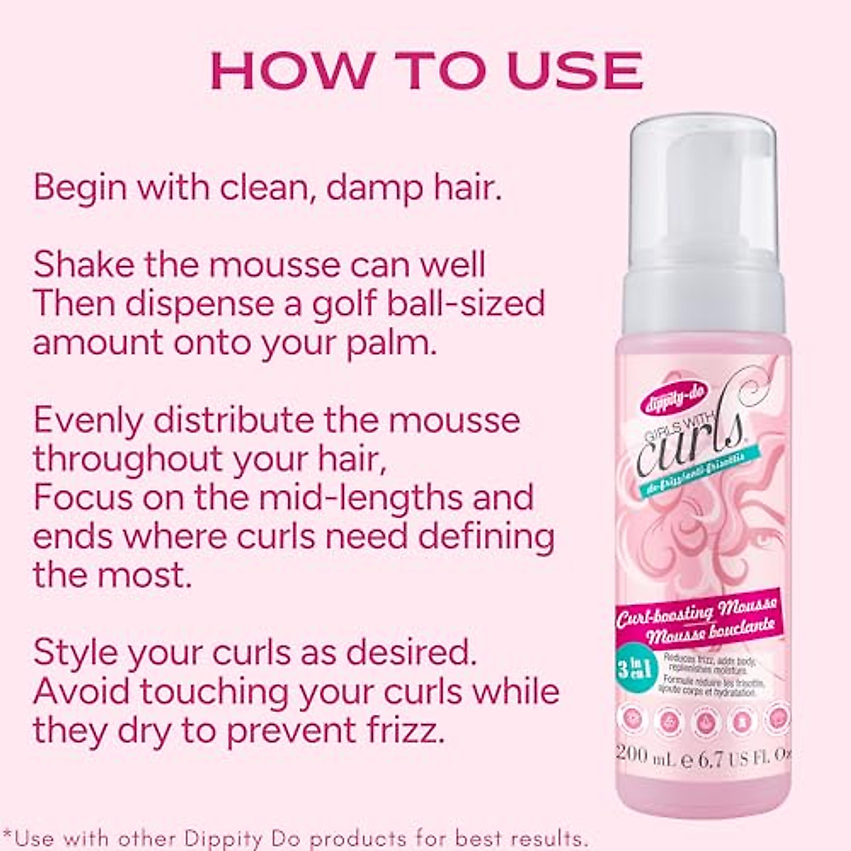 Dippity Do Girls with Curls Curl Enhancing Mousse - Lightweight 3-in-1 Defining Mousse for Curly and Wavy Hair - Hibiscus and Olive Oil for Frizz Free and Bouncy Curls - 200 mL/6.7 fl oz