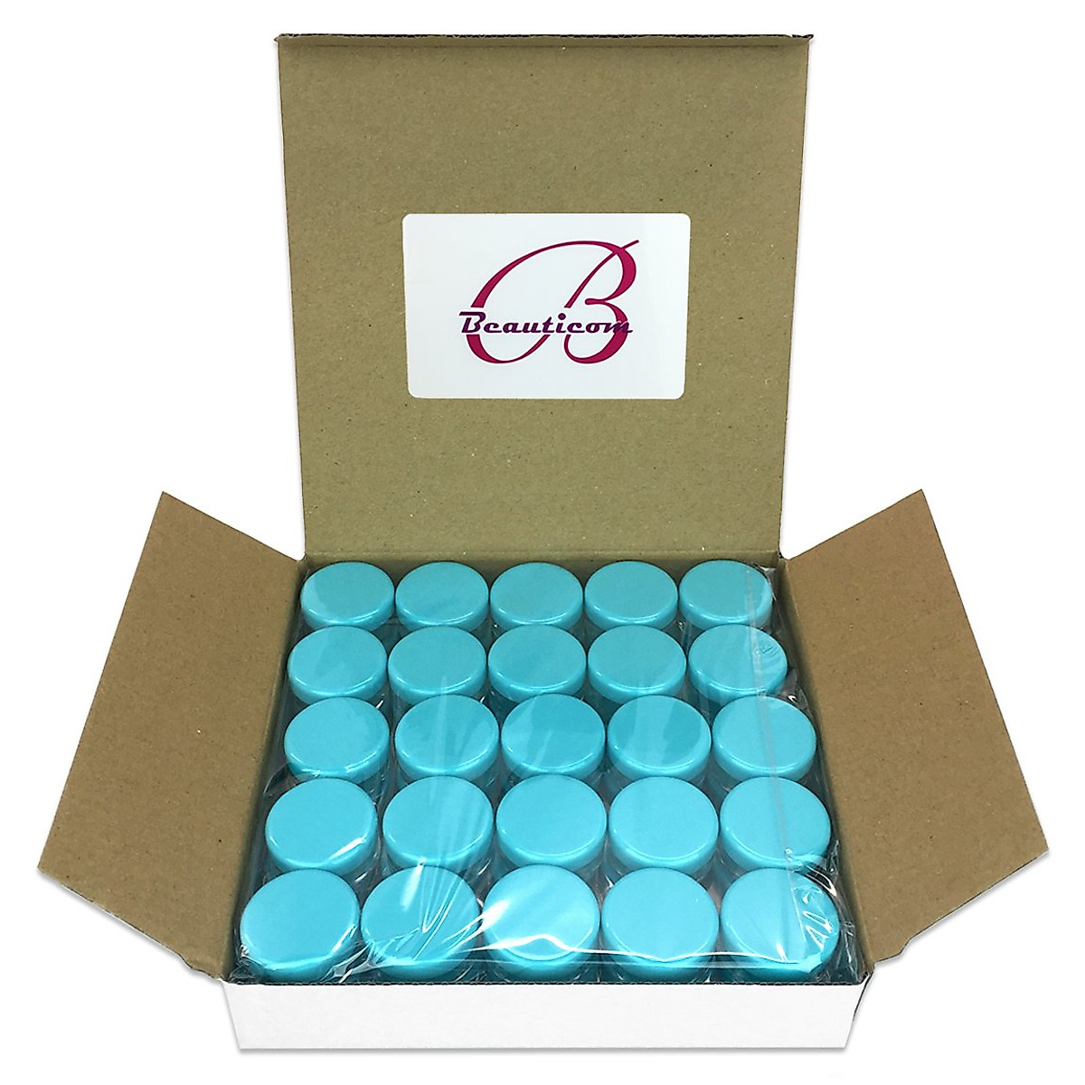 (Quantity: 50 Pieces) Beauticom 5G/5ML Round Clear Jars with Teal Sky Blue Lids for Scrubs, Oils, Toner, Salves, Creams, Lotions, Makeup Samples, Lip Balms - BPA Free