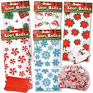 Christmas Gift Bags for Holiday Gifts - Cellophane Goodie Treat and Party Favor Bag with Twist Ties (150 Pack)