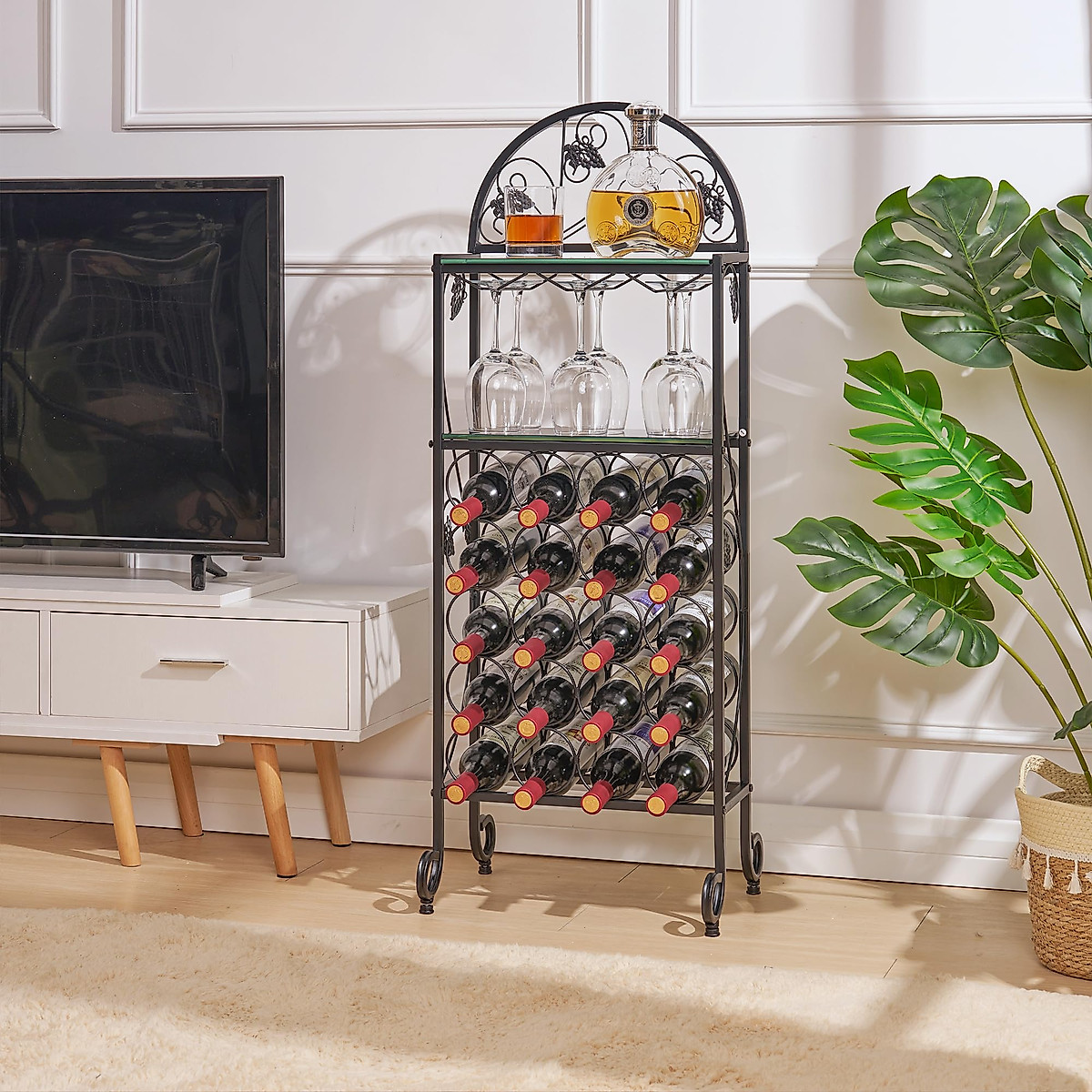 VECELO Freestanding Wine Rack Bar Table Holder, Tempered Glass Top, Liquor Display Shelf Stand for Home Kitchen Pub, 20 Bottles, Black