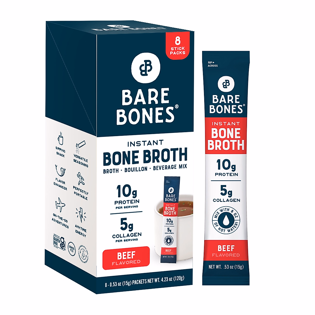 Bare Bones Beef Bone Broth Instant Powdered Mix | Rich Savory Packets on-the-Go No Artificial Flavors | 100% Grass Fed Keto & Paleo Friendly | 10g Protein | 8 Pack