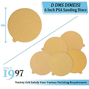 362X - 6 Inch Gold PSA Sanding Discs 80 120 220 320 400 Grit (50 Total, 10 Each), Stick Back Sand Paper for DA Sander, Self Adhesive Sandpaper for Woodworking and Automotive - D DMS DIMEISI