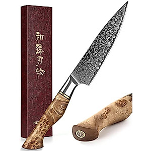 HEZHEN 5 inch Utility Knife with Razor Sharp- Damascus Steel with Rose Pattern Multifunctional VG10 Professional Paring-Fruit knife- Master Series Ergonomic Figured Sycamore Wood Handle