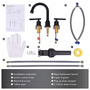 WOWOW 2 Handle Bathroom Faucet Matte Black Bathroom Sink Faucet Widespread Faucet with Pop Up Drain Brass Bathroom Faucet 3 Hole Vanity Faucet 8 Inch Basin Faucet