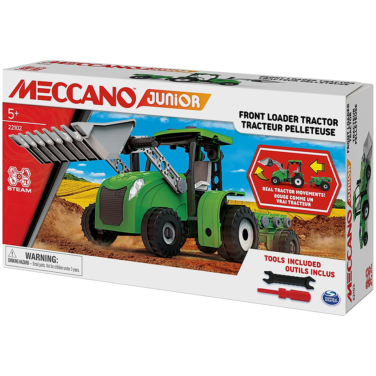 Meccano Junior, Front Loader Tractor with Moving Parts and Real Tools, Toy Model Building Kit, STEM Toys for Kids Ages 5 and up
