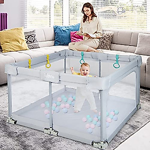 INFANS Baby Playpen Foldable, 50’’x50’’ Large Baby Playard for Toddlers with Gate, Soft Visible Mesh, Indoor Outdoor Kids Activity Center Baby Fence with 4 Handlers 50 Ocean Balls (Gray)