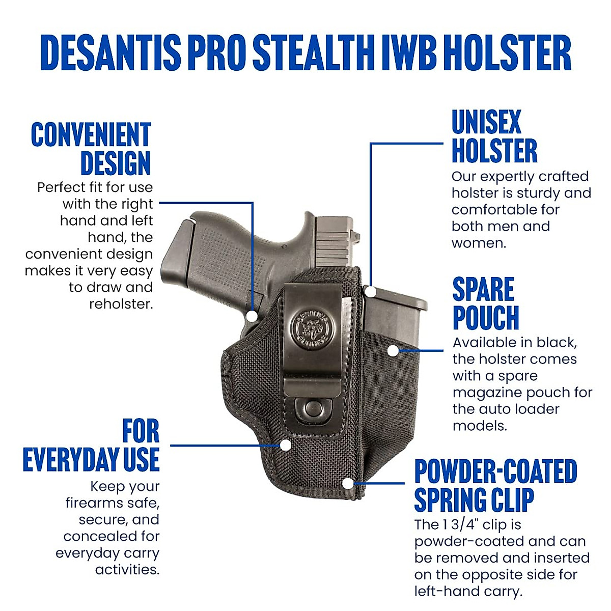 DeSantis Pro Stealth, Inside The Waistband Gun Holster, Padded Ballistic Nylon, Handcrafted Concealed Carry Holster, GLOCK 17, GLOCK 19, FN 509, S&W M&P 9/40 4.25”, and More, Ambidextrous, Black