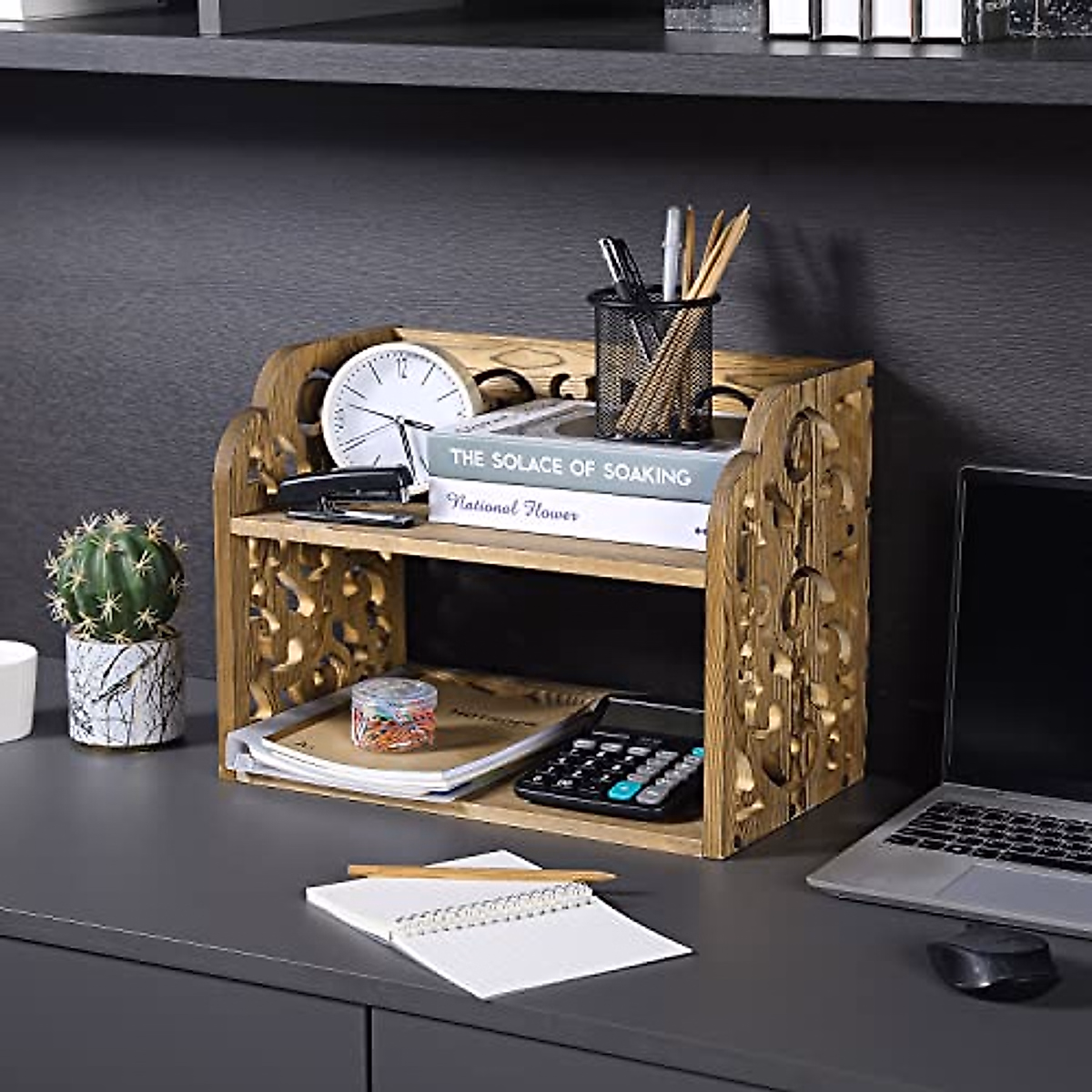 MyGift 2 Tier Dark Brown Solid Wood Desktop Storage Display Shelf with Scrollwork Cutout Design, Study Desk Bookcase for Dorm Room, Office and Home Decor