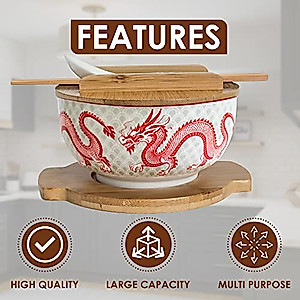 XWORLD Japanese Ceramic Ramen Noodle Bowls Set with Ceramic Spoon, Bamboo Chopsticks, Lid & Trivet, Serving Capacity of 33.8 OZ, Microwavable Oven Safety (3.3” x 6.6” D) (Red Dragon)
