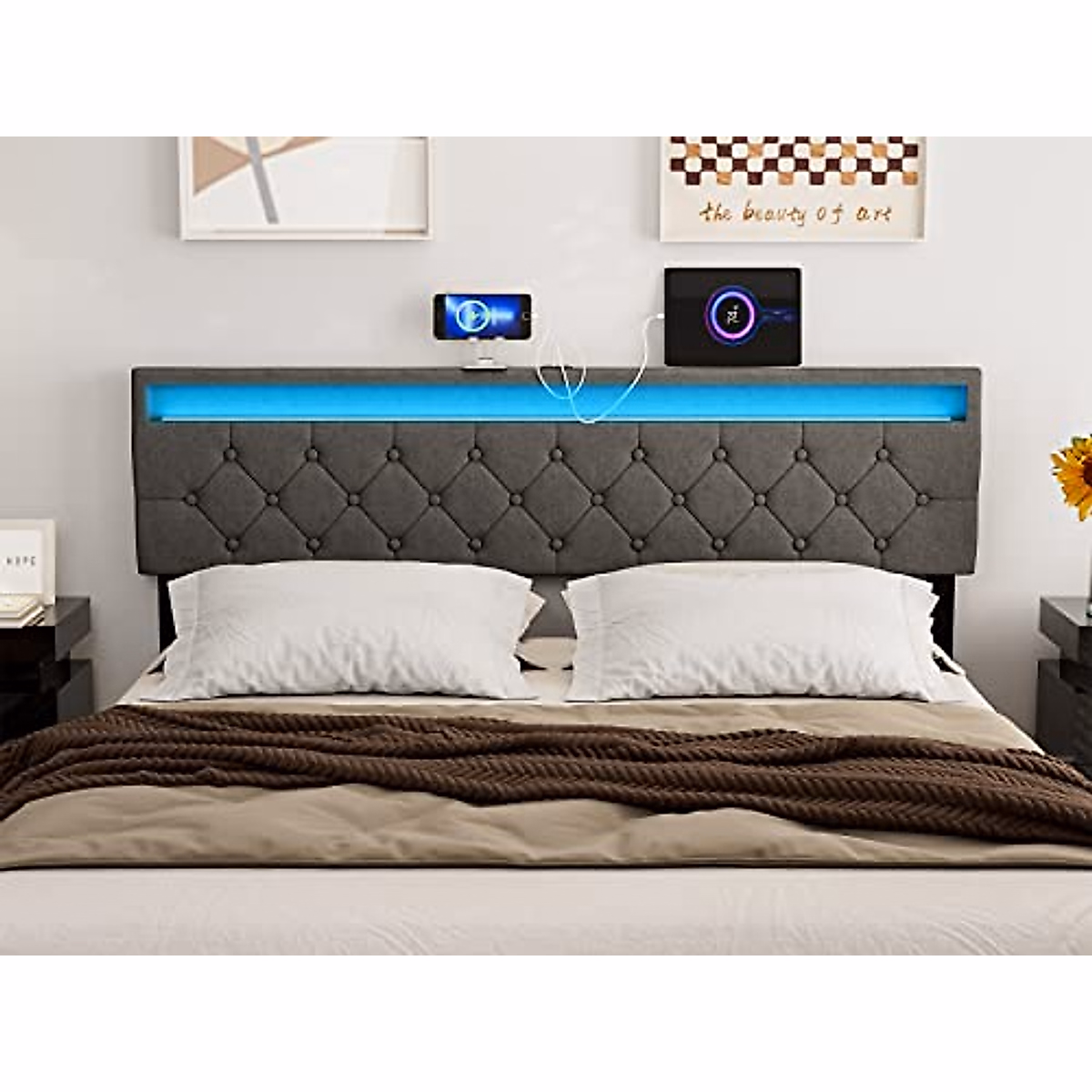 IKIFLY Upholstered California King Size LED Headboard with LED Lights & 2 USB Ports - Adjustable Height - Button Tufted Linen Fabric Padded Headboard Only, Easy Assembly - Dark Grey/Cal King
