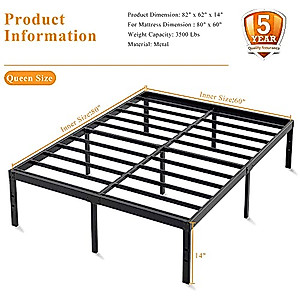 HISKIWUU Platform Bed Frame Queen Size Heavy Duty 3500lbs 14 Inches,Metal Bed Frame Queen Size Easy Assembly Anti-Slip Noise Free,Queen Size Bed Frame No Box Spring Needed,Under Bed Storage,Black