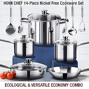 HOMICHEF 14-Piece Nickel Free Stainless Steel Cookware Set - Nickel Free Stainless Steel Pots and Pans Set - Stainless Steel Non-Toxic Cookware Set - Stainless Steel Healthy Induction Cookware Sets