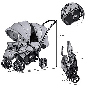 BABY JOY Double Stroller, Foldable Lightweight Twin Stroller with Tandem Seating, Adjustable Backrest/Canopy/Footrest, 5-Point Harness, Storage Basket, Double Stroller Newborn and Toddler (Gray)
