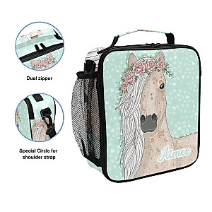 RunningBear Custom Cute Horse Flowers Lunch Bag Personalized Reusable Insulated Lunch Box Bag with Adjustable Strap Portable Travel Zipper Organizer for Adults, Kids, Prepschool
