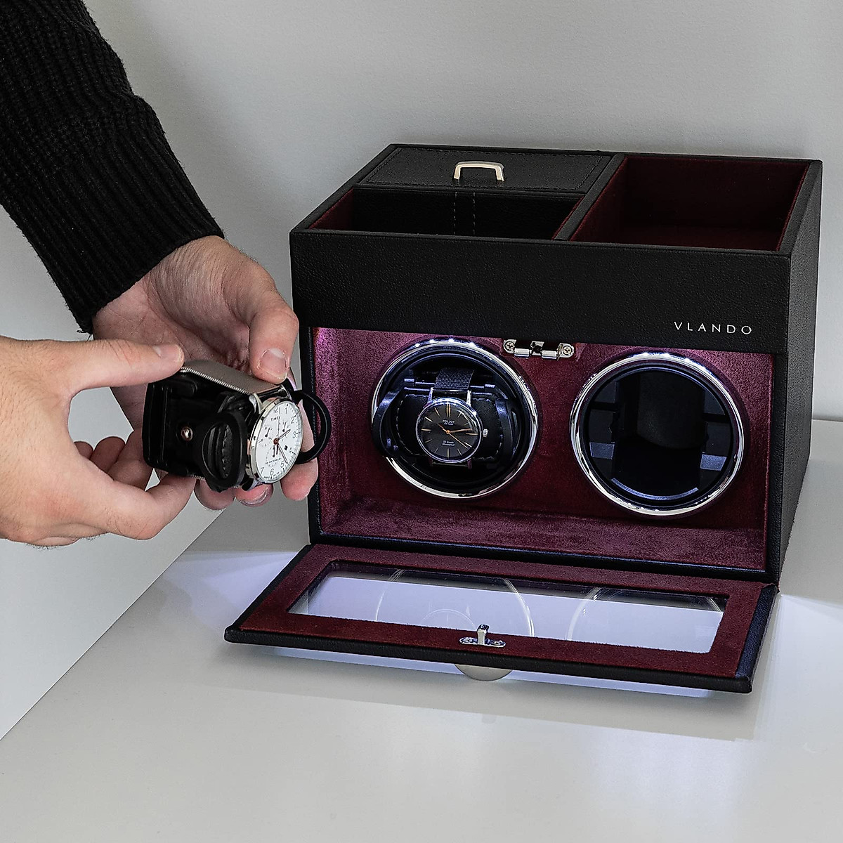 Vlando Automatic Double Watch Winder - Watch Winder Box with Men Jewelry Organizer Tray, Japanese Quiet Motor, LED Light, Adjustable Watch Pillows - Red