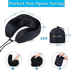 SAIREIDER Neck Pillows for Travel 100% Memory Foam Adjustable Travel Pillows with Storage Bag, Sleep Mask and Earplugs-Prevent The Heads from Falling Forward (Black)