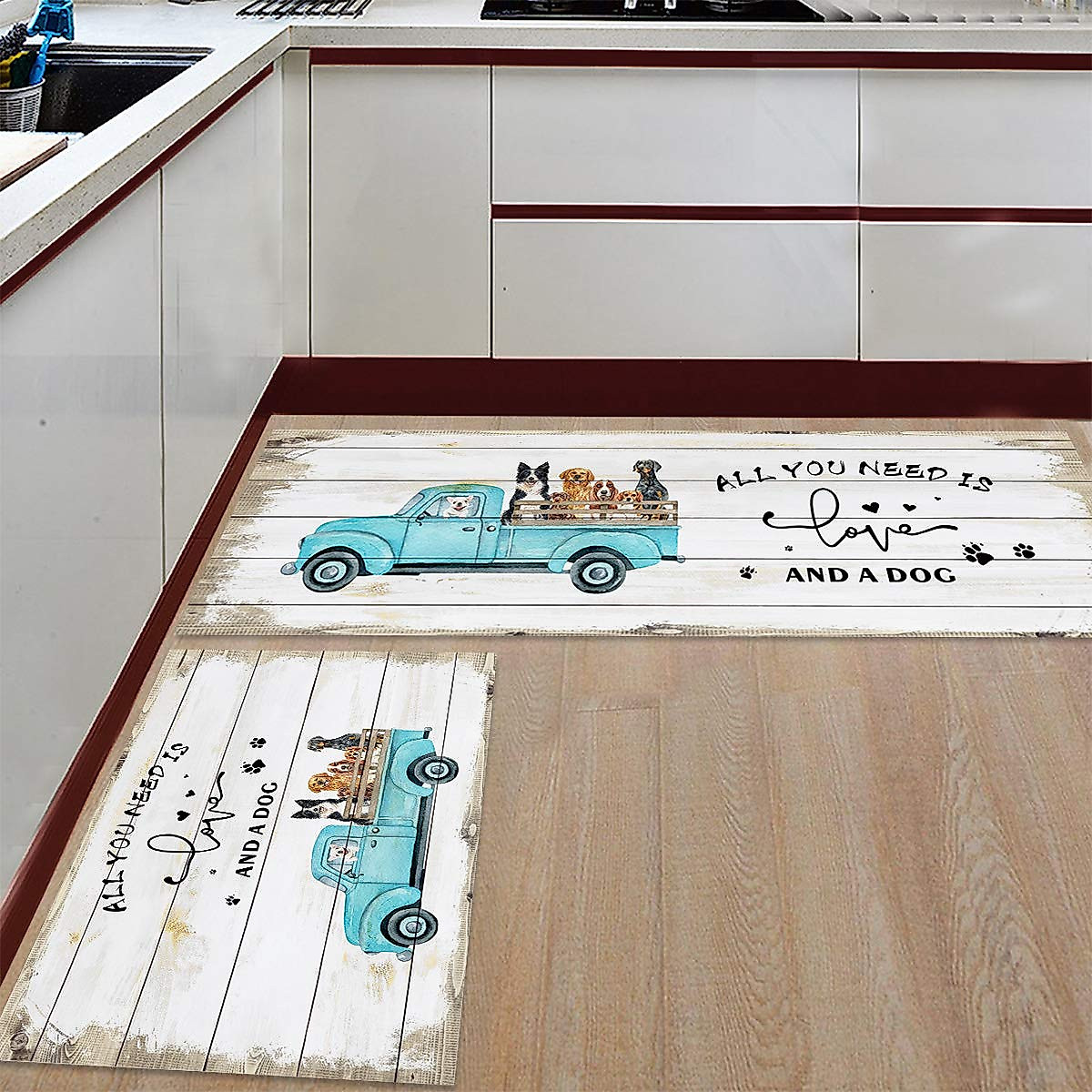 Z&L Home Farm Blue Truck with Pet Dogs Kitchen Rug Sets 2 Piece Floor Mat Non-Slip Rubber Backing Area Runners Door Mats, Wooden Grain Indoor Washable Carpet