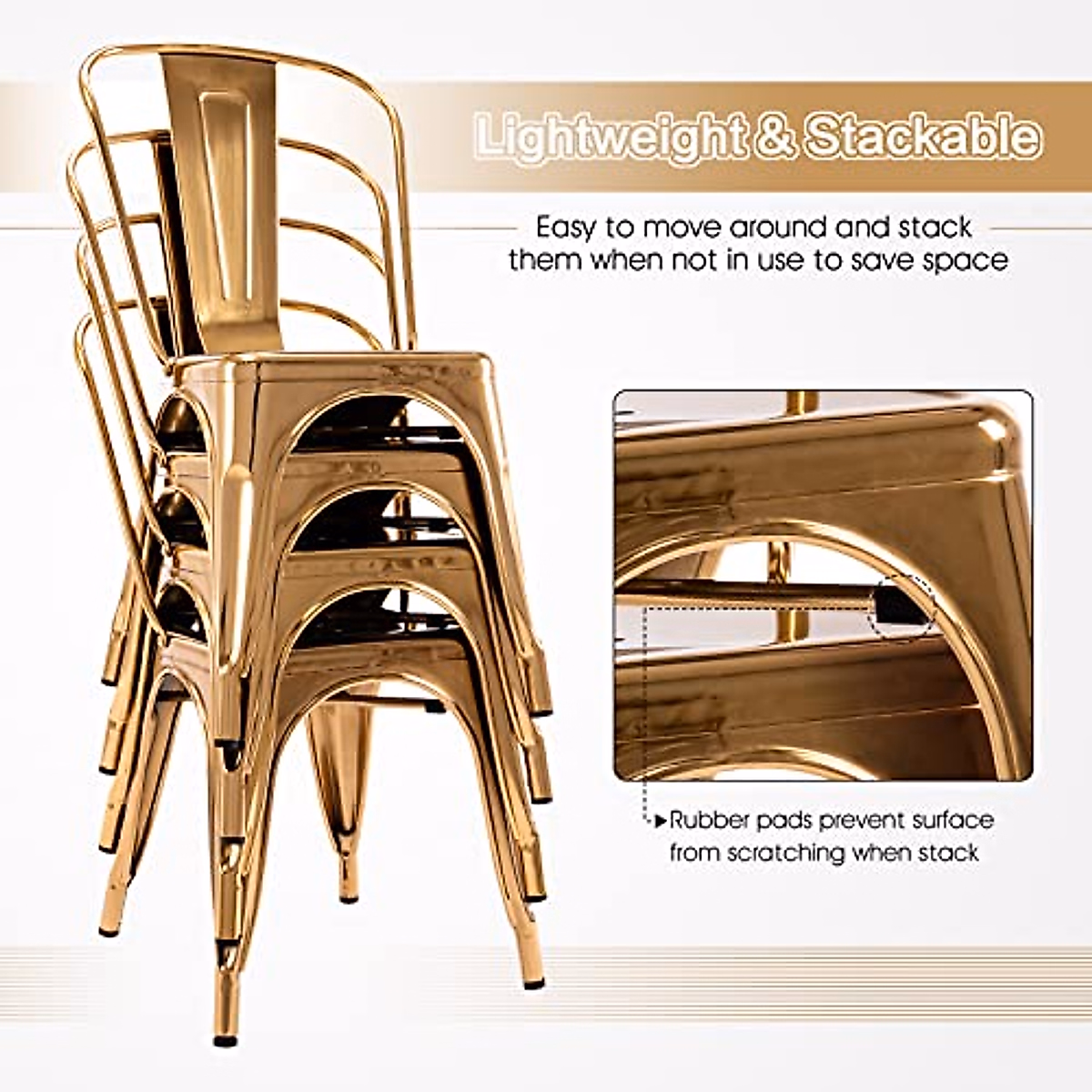 MFD LIVING 18 Inch Metal Dining Chair, Indoor Outdoor Patio Chair with Rustless, Stackable Chair for Restaurant Dining Room Chair Set of 4 (Gold)