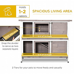 PawHut Indoor or Outdoor Rabbit Hutch with Quick on-The-Go Feeding, Wood Rabbit Cage, Long Hopping Distance, Medium Rabbit Hutch, 4 Door, No Leak Tray, Grey Brown