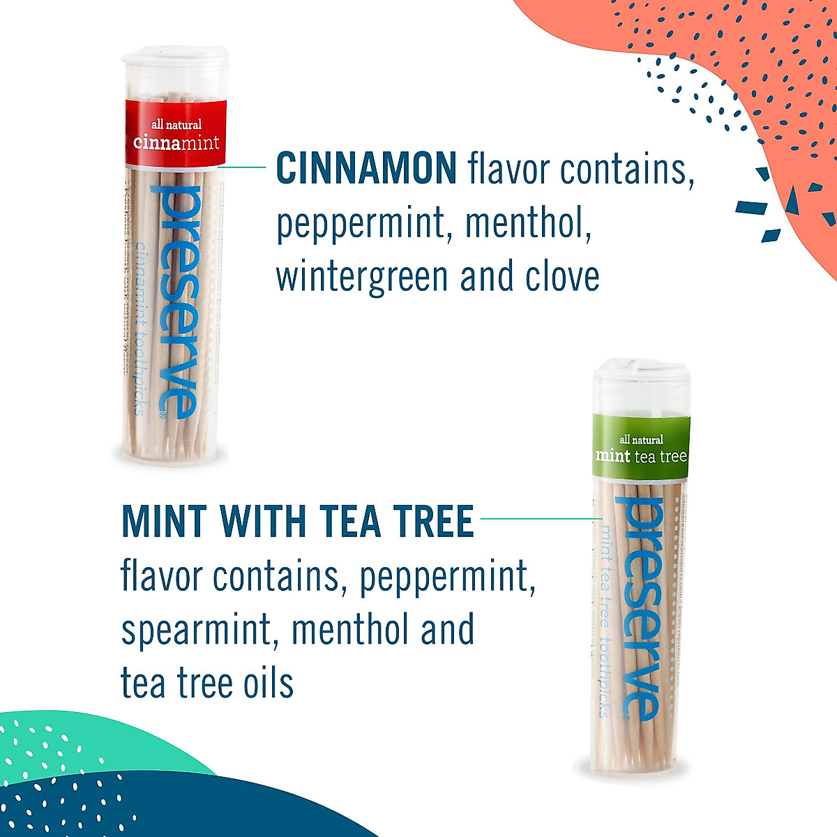 Preserve Flavored Toothpicks, Mint Tea Tree flavor, Wood, 3 Count x (35 each)
