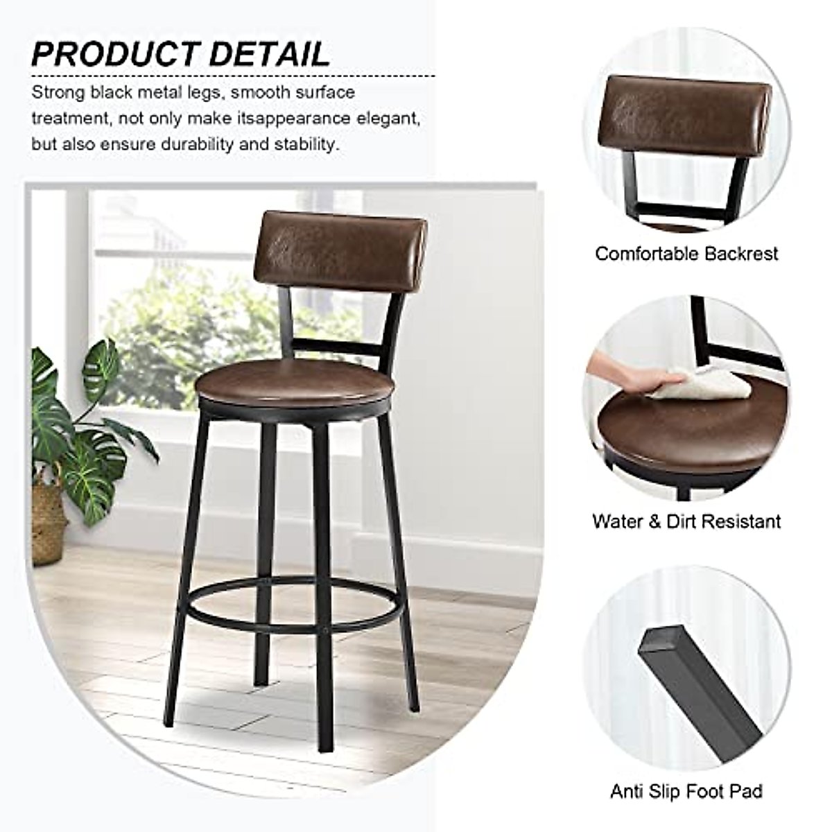MNEETRUNG Bar Stools Set of 2，Counter Height Bar Stools with PU Leather，28 Inches Modern Barstools with Back and Footrest for Dining Room Kitchen Counter Bar,Brown