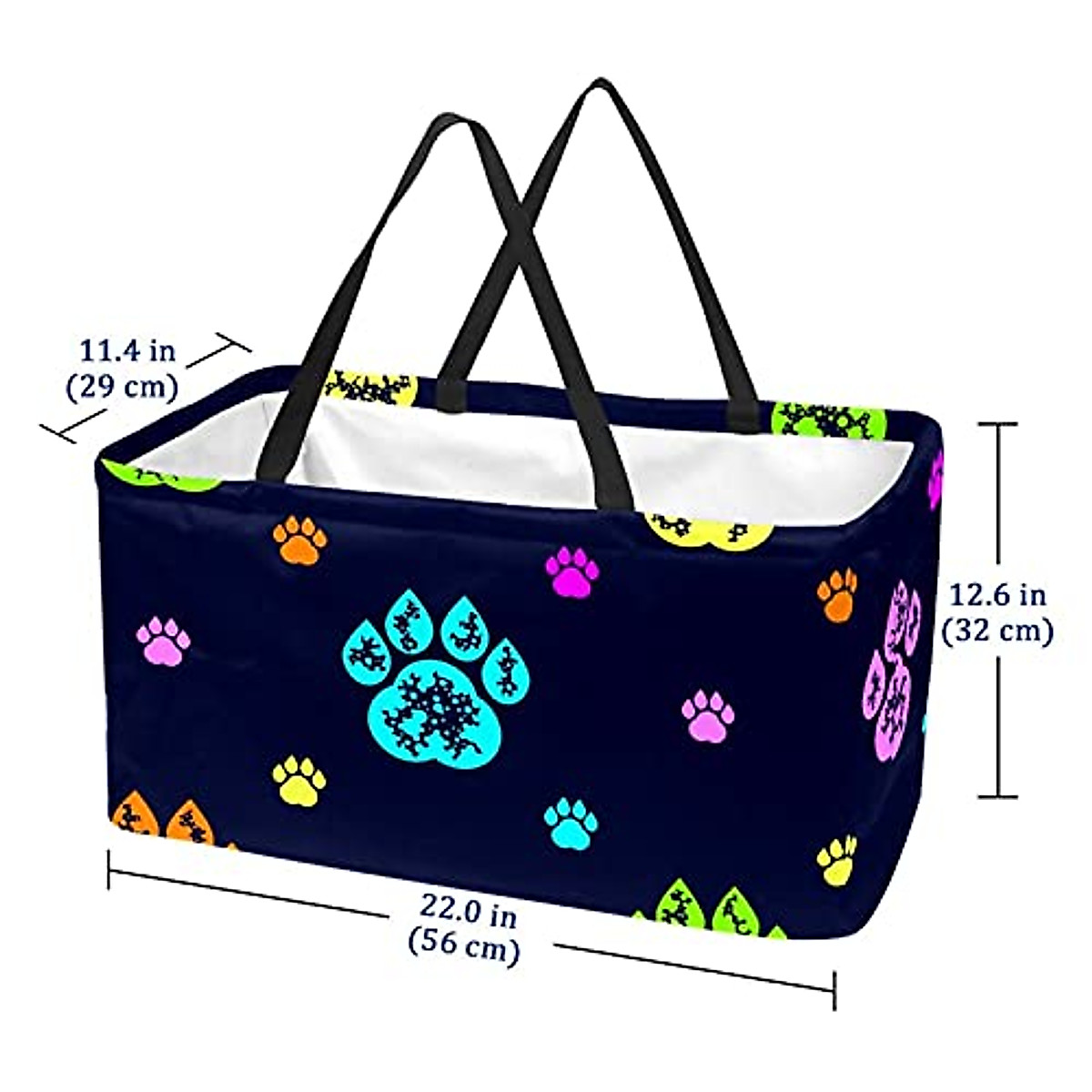 Reusable Shopping Basket Black Colourful Dog Paw Prints Portable Folding Picnic Grocery Bags Laundry Basket Shopping Tote Bag