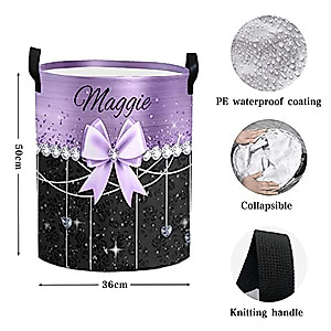 Glitter Print Purple Black Bow Personalized Foldable Freestanding Laundry Basket Clothes Hamper with Handle, Custom Collapsible Storage Bin for Toys Bathroom Laundry