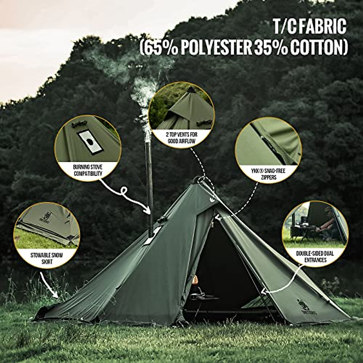 OneTigris Conifer Canvas Tent with Stove Jack, Teepee Hot Tent with Snow Skirt for Tent Stove Winter Camping