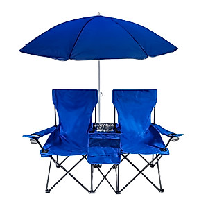 Trademark Innovations Double Folding Camp and Beach Chair with Removable Umbrella and Cooler (Blue)