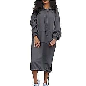 Beessbset Womens Fall Casual Hoodies Dress Solid Color Long Sleeve Drawstring Mixi Dress Pocket Side Split Fashion Streetwear