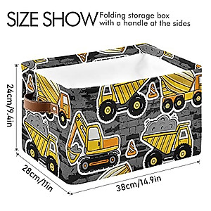 susiyo Storage Baskets for Shelves, Cartoon Construction Trucks Closet Storage Bins for Organizing Shelf Nursery Toys, Decorative Linen Fabric Bins Cubes with PU Handles 1 Pack