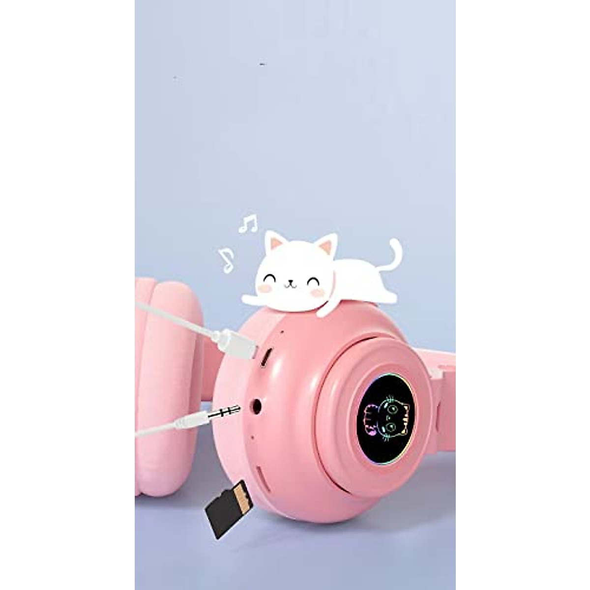 Headset Cat Ears Bluetooth Earphone Wireless Gaming Noise Cancelling 8 Hours with Mic USB Virtual Reality Detachable Cute Luminous Mouse Ear Rainbow RGB Flashing Light On-Ear Headphone (Pink) (ER-1)