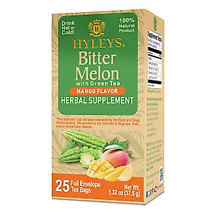 Hyleys Bitter Melon with Green Tea - Mango Flavor - 25 Tea Bags - Supports Healthy Liver Function - Herbal Supplement