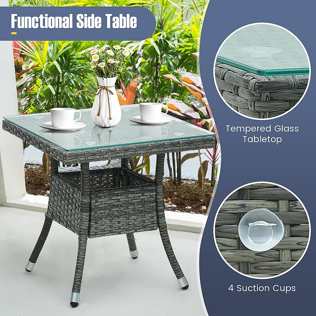 Tangkula 3-Piece Wicker Adirondack Set, Ergonomic Oversized Rattan Chairs w/Coffee Table, Comfy Seat Cushions, Tempered Glass Tabletop, Patio Wicker Conversation Set for Porch (Wicker, 3-pc)