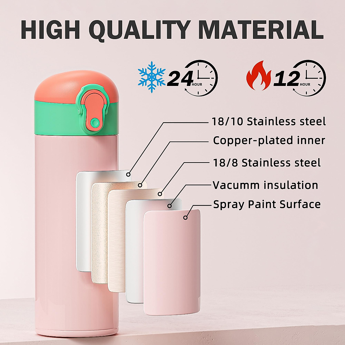 YOHKOH Mini Insulated Water Bottle Small Stainless Steel Thermos 10oz - Insulated Vacuum, Leak Proof, Keeps Drinks 12 Hrs Hot & 24 Hrs Cold - BPA-Free (1, Pink)