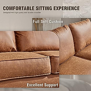 HOOOWOOO 81.51" L Shaped Couch Mid Century Modern Sectional Couch Brown Faux Leather Sofa with Right Chaise 3-Seater Rolled Arms Solid Wood Frame for Living Room Apartment